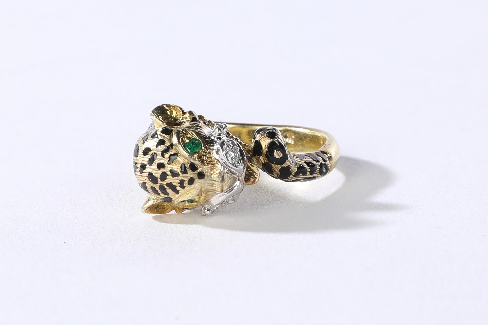 14K Yellow Gold Leopard Head Wrap Rings w Pave Diamond Accents & Emera ...